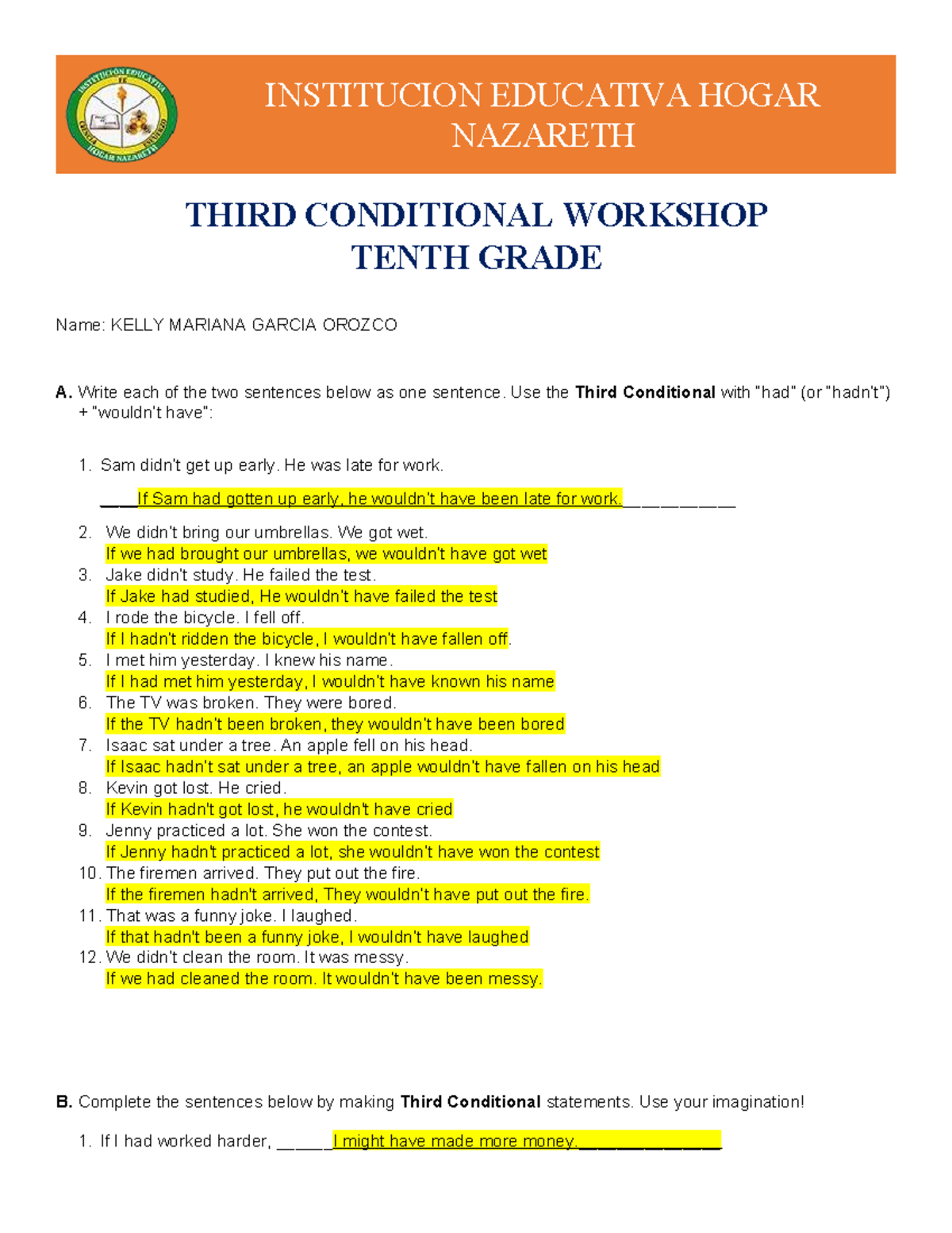 Third Conditional Worksheet for 10th Grade Students - Studocu