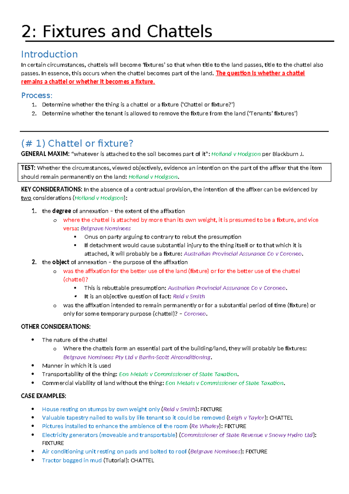 10515 - In-Person Exam Summary: Fixtures vs. Chattels Analysis - Studocu