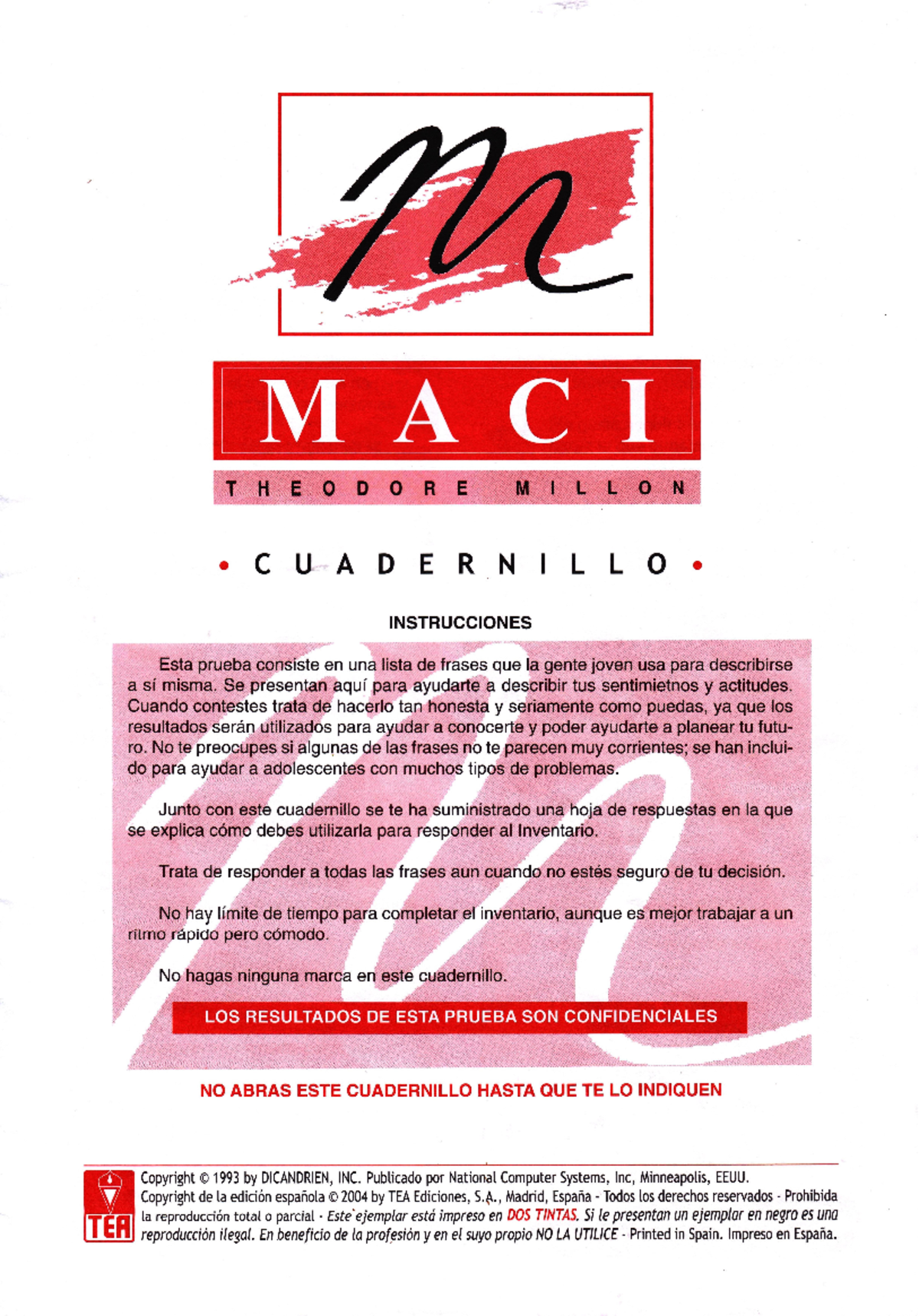 Cuadernillo MACI - Test maci - Psicología - Studocu