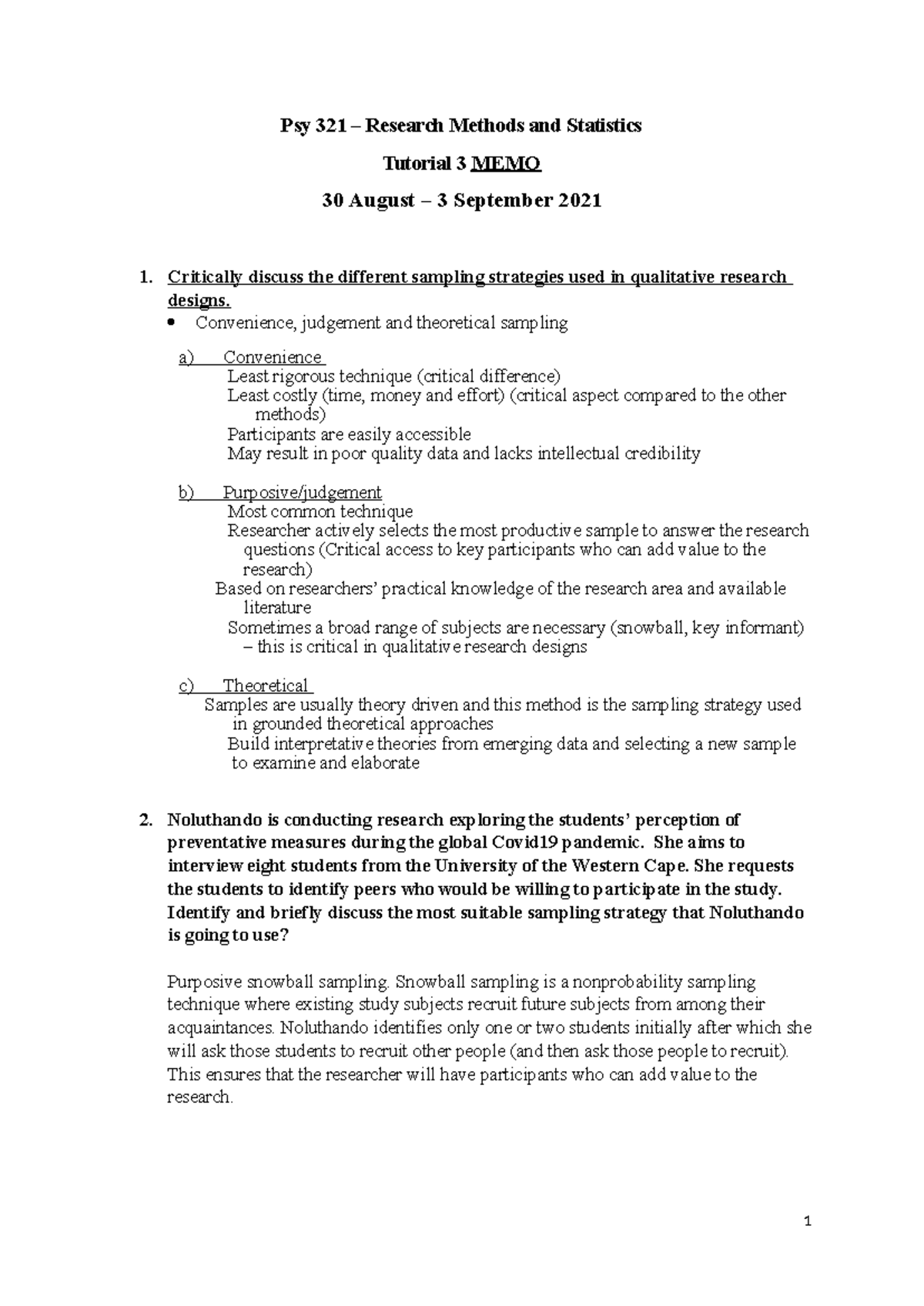 PSY321 Qual Tutorial 3 Memo 2021 - Psy 321 – Research Methods and Statistics Tutorial 3 MEMO 30 ...