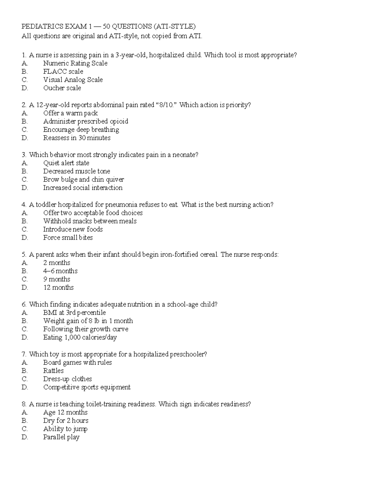 Pediatrics EXAM 1 Practice Questions: 50 Original Questions - Studocu