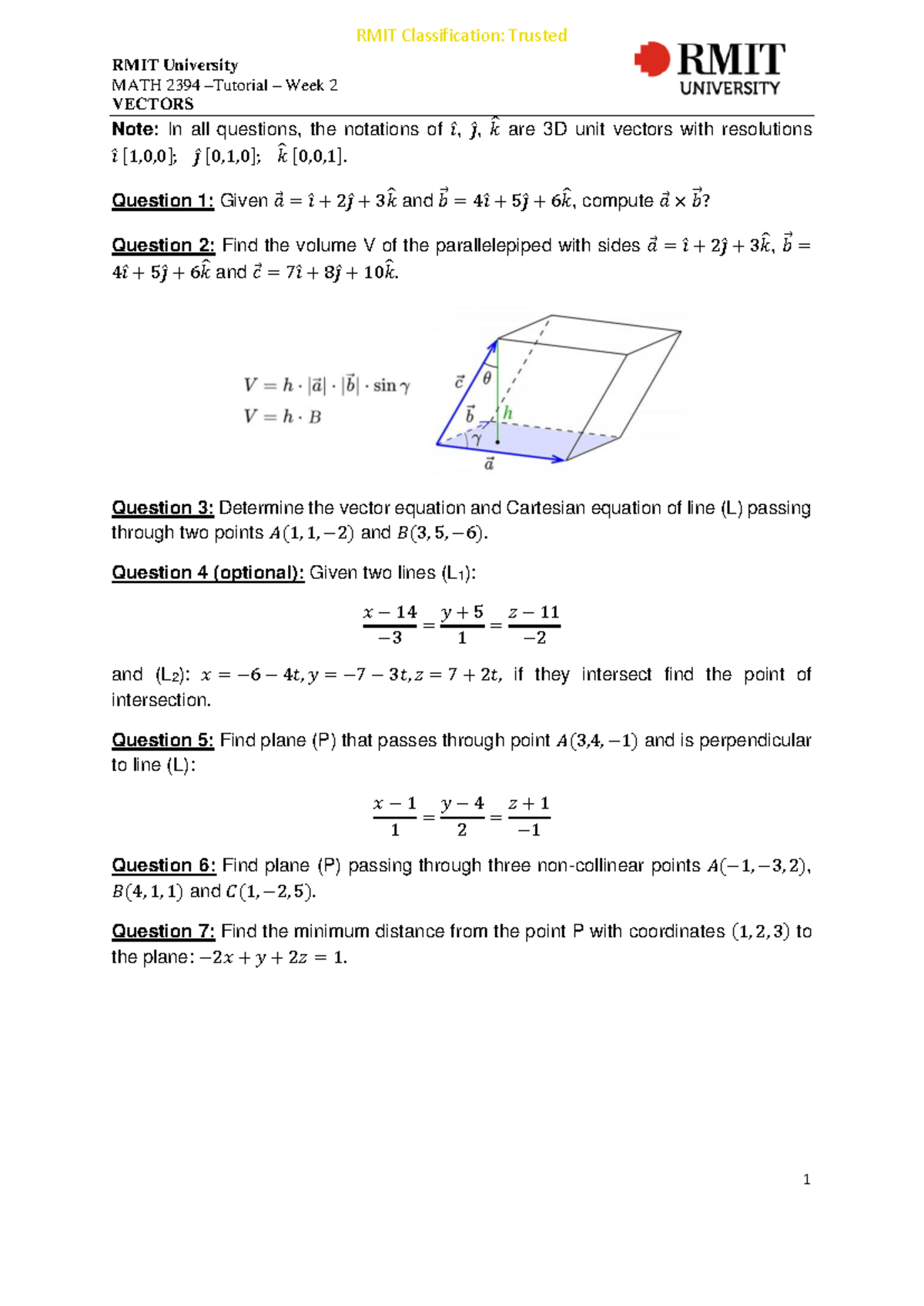 W2 Tutorial Vectors Part 2 - RMIT University MATH 2394 – Tutorial – Week 2 VECTORS 1 RMIT - Studocu