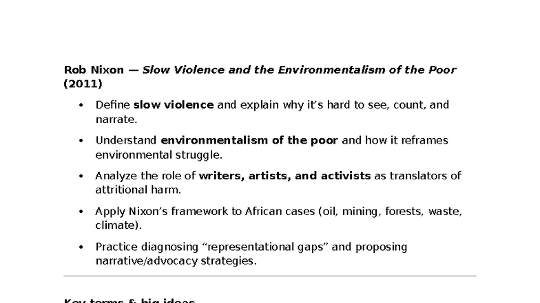 Slow Violence and Environmentalism of the Poor - Notes (2011) - Studocu