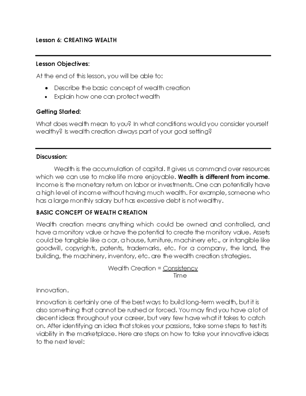 Lesson 6: Wealth Creation Strategies - Entrepreneurship Lecture Aid ...