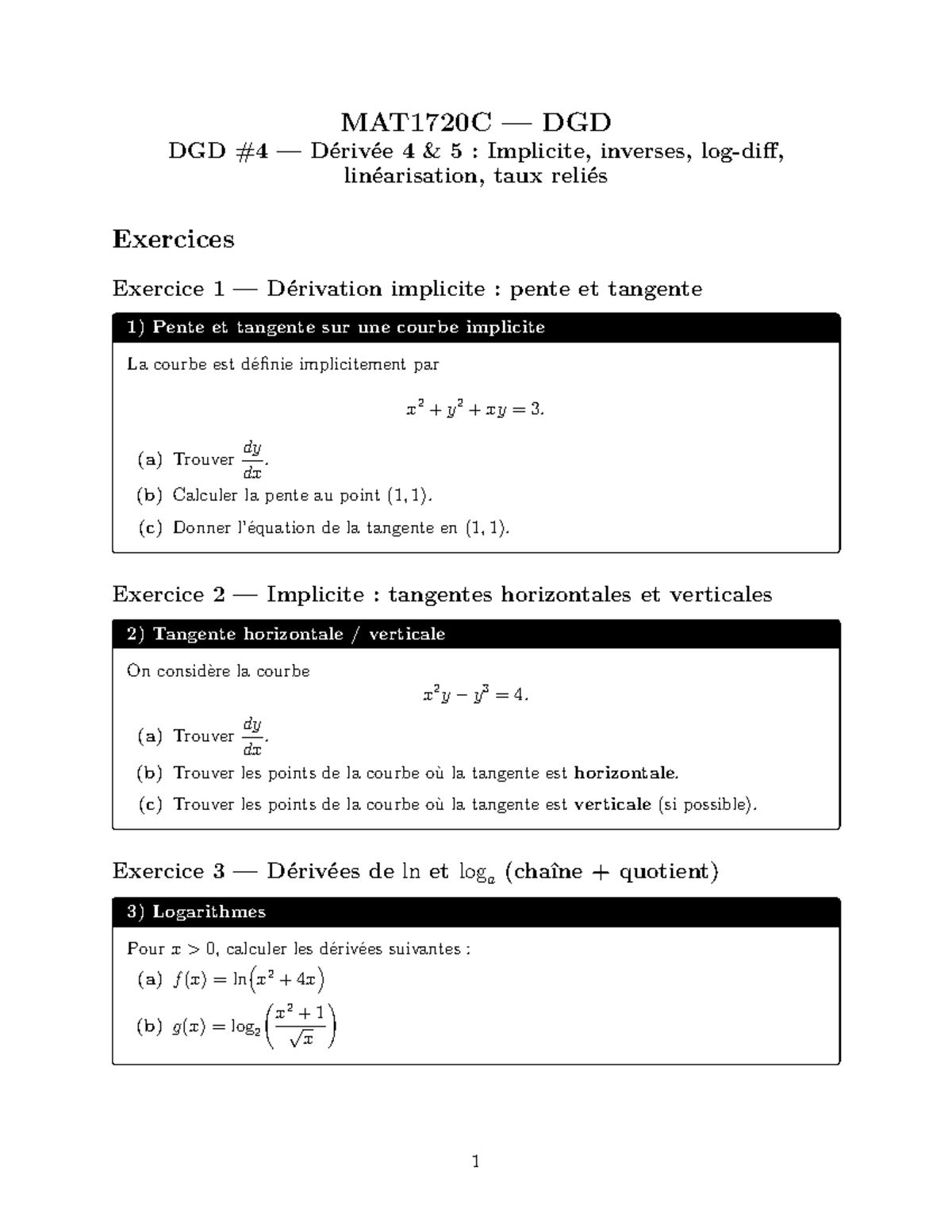 MAT1720C DGD Dérivées Implicites et Logarithmes - Exercices 4 5 - Studocu