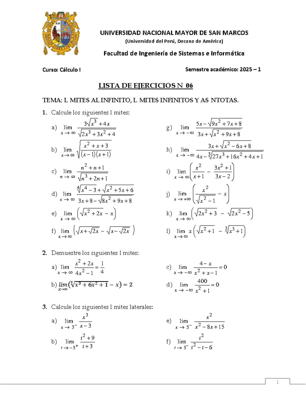 Cálculo I - Ejercicios sobre Límites Infinitos y Asíntotas (Prac6-UNMSM ...