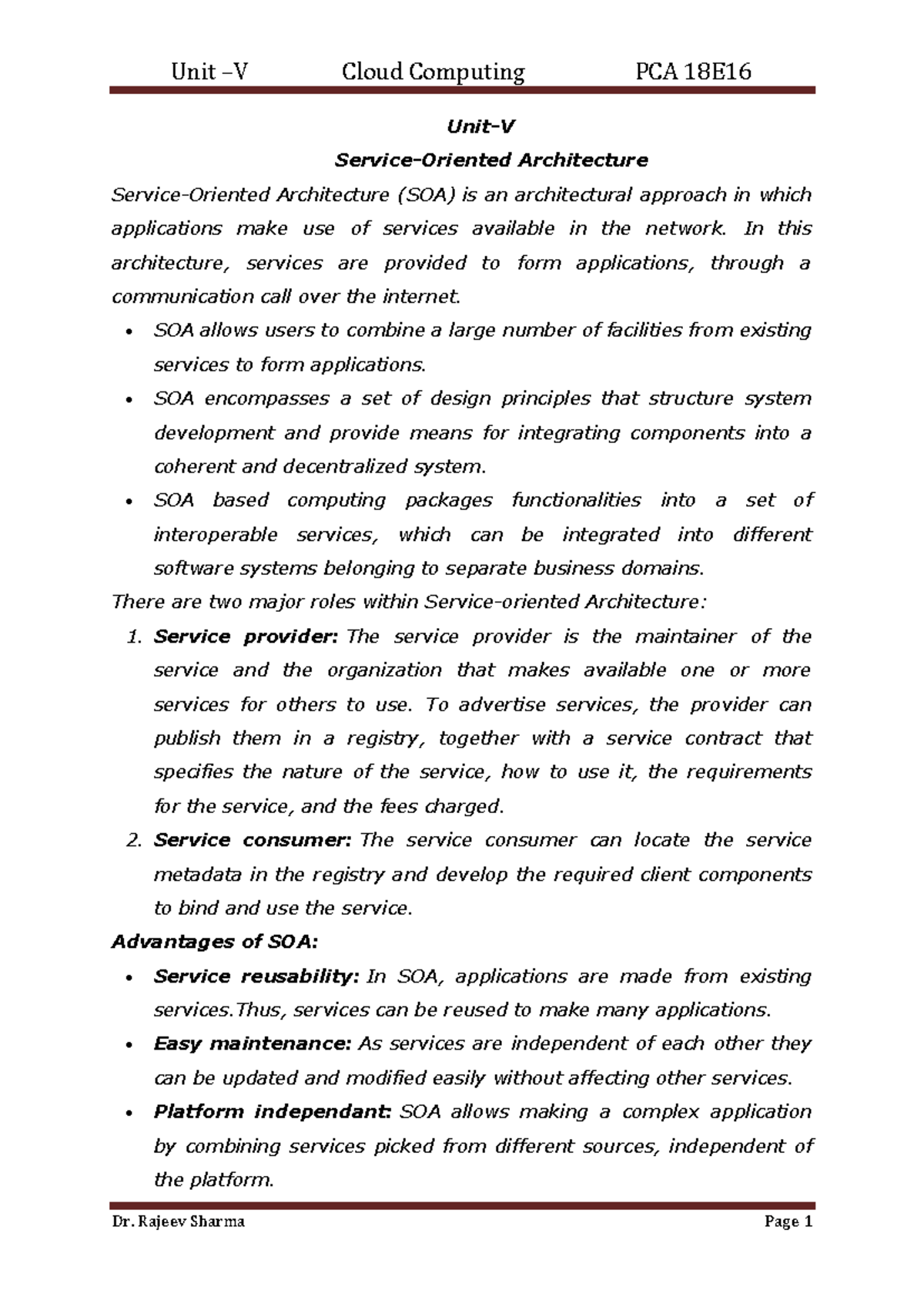 Unit-5 CC - Understanding Service-Oriented Architecture in Cloud Computing - Studocu
