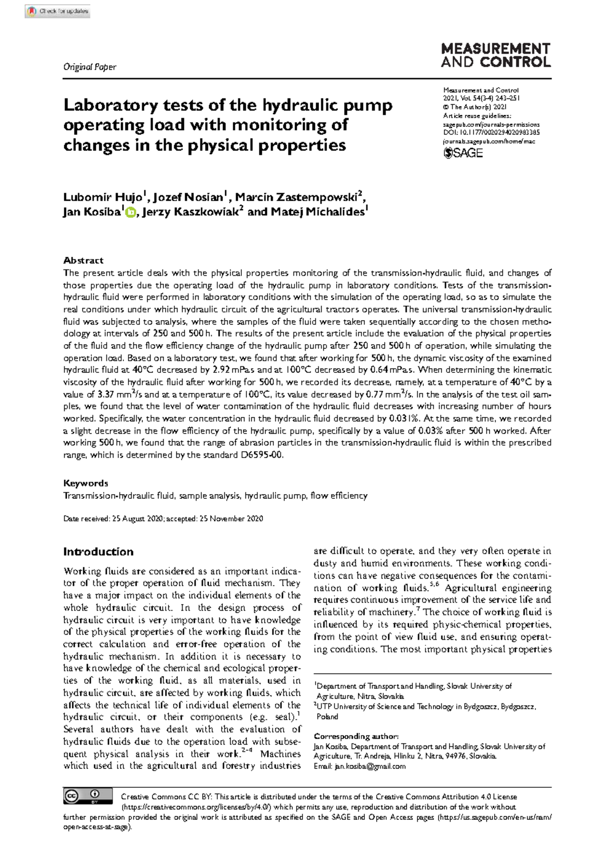 Laboratory Tests of Hydraulic Pump Load: Monitoring Fluid Properties ...