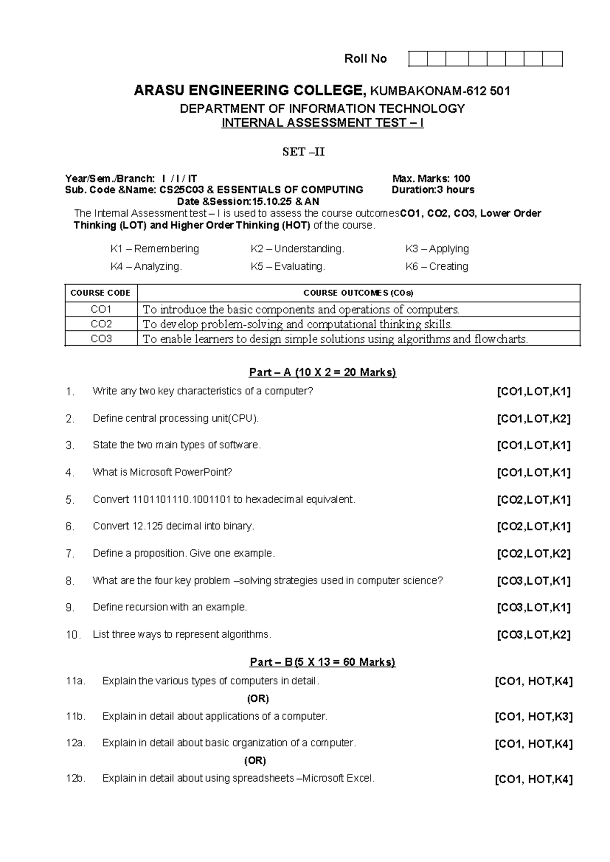 CS25C03 Essentials of Computing IAT I Set I - Question Paper - Studocu
