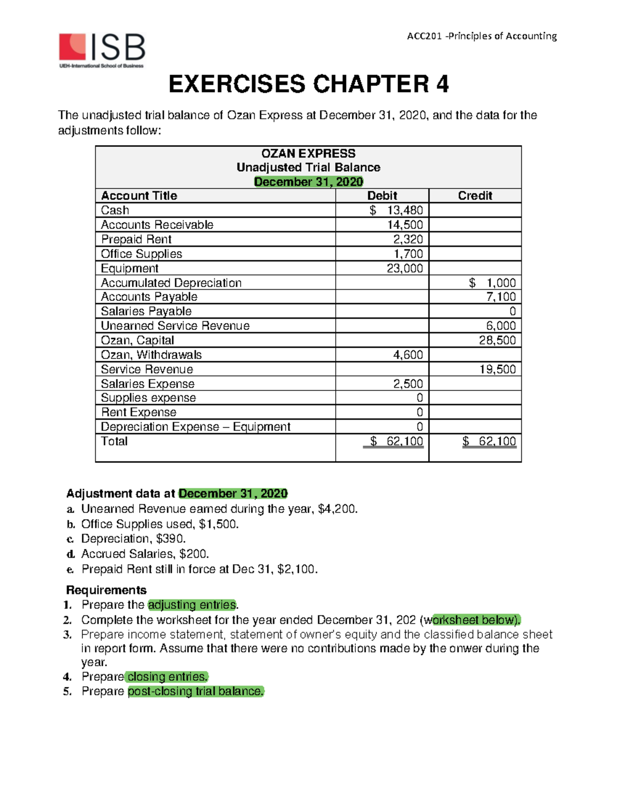 ACC201 Final Exam Exercises: Adjusting Entries & Financial Statements ...