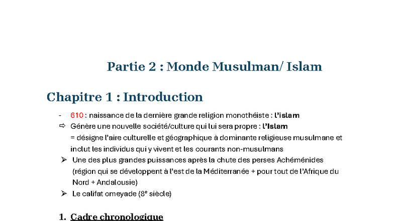 Monde Musulman BA2 : Chapitre 1 - Introduction à l'Islam et son ...