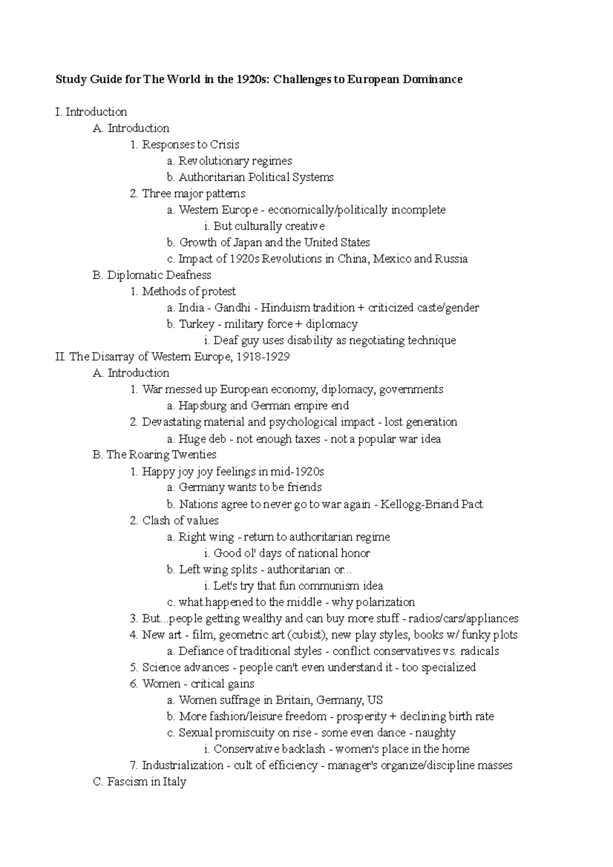 Study Guide for The World in the 1920s- Challenges to European ...