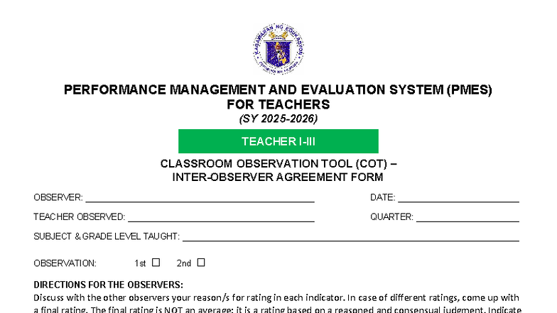 COT Inter-Observer Agreement Form for Proficient Teacher (TI-TIII ...