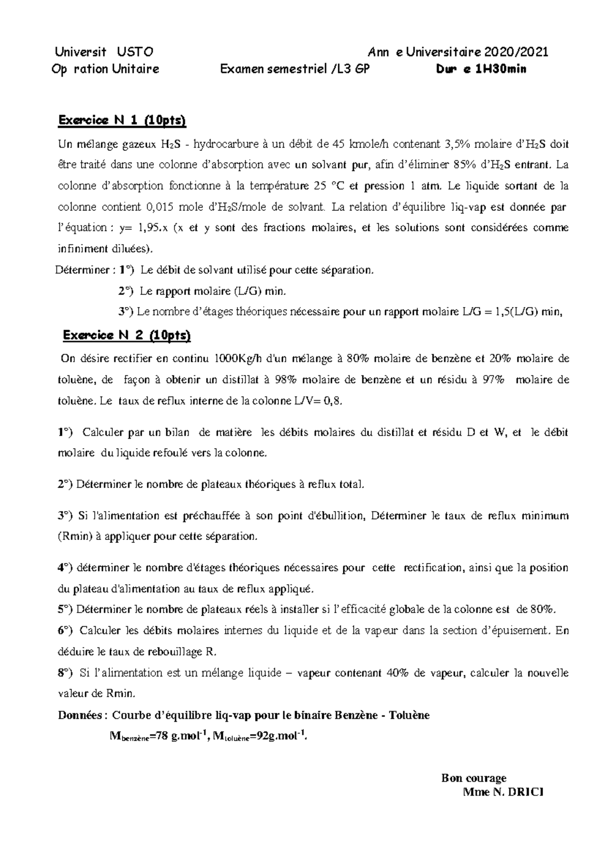 Examen Semestriel USTO - Opérations Unitaires 2 - 1H30min - Studocu