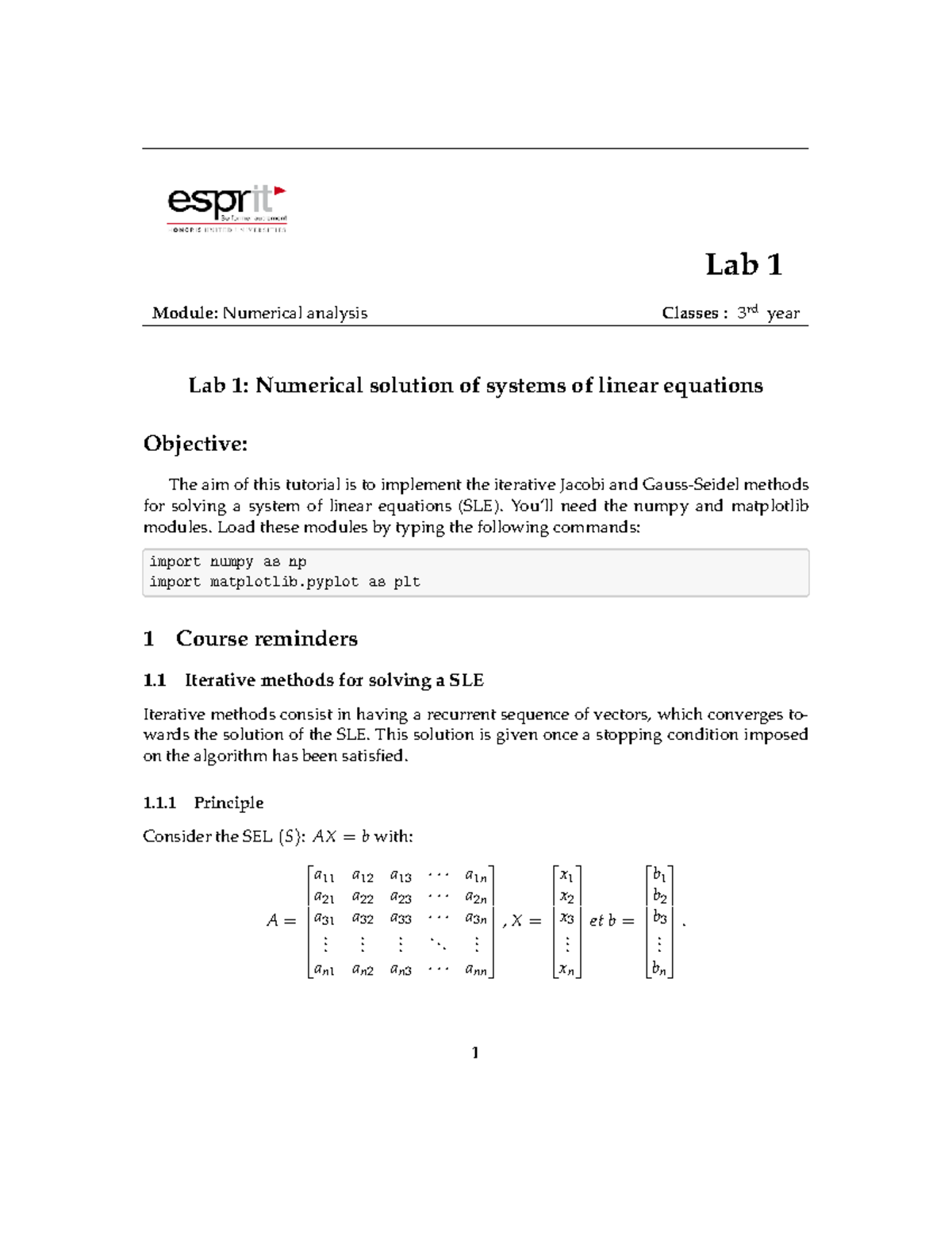 Lab 1: Numerical Analysis - Iterative Methods for SLE Solutions - Studocu
