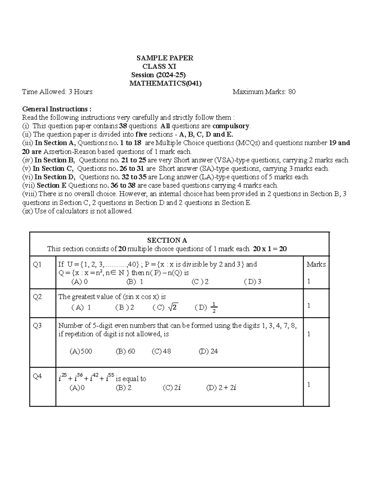 Maths SP - SAMPLE PAPER CLASS XI Session (2024-25) MATHEMATICS(041 ...