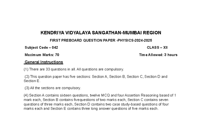 XII PHY - Preboard Question Paper (Subject Code 042) - Studocu