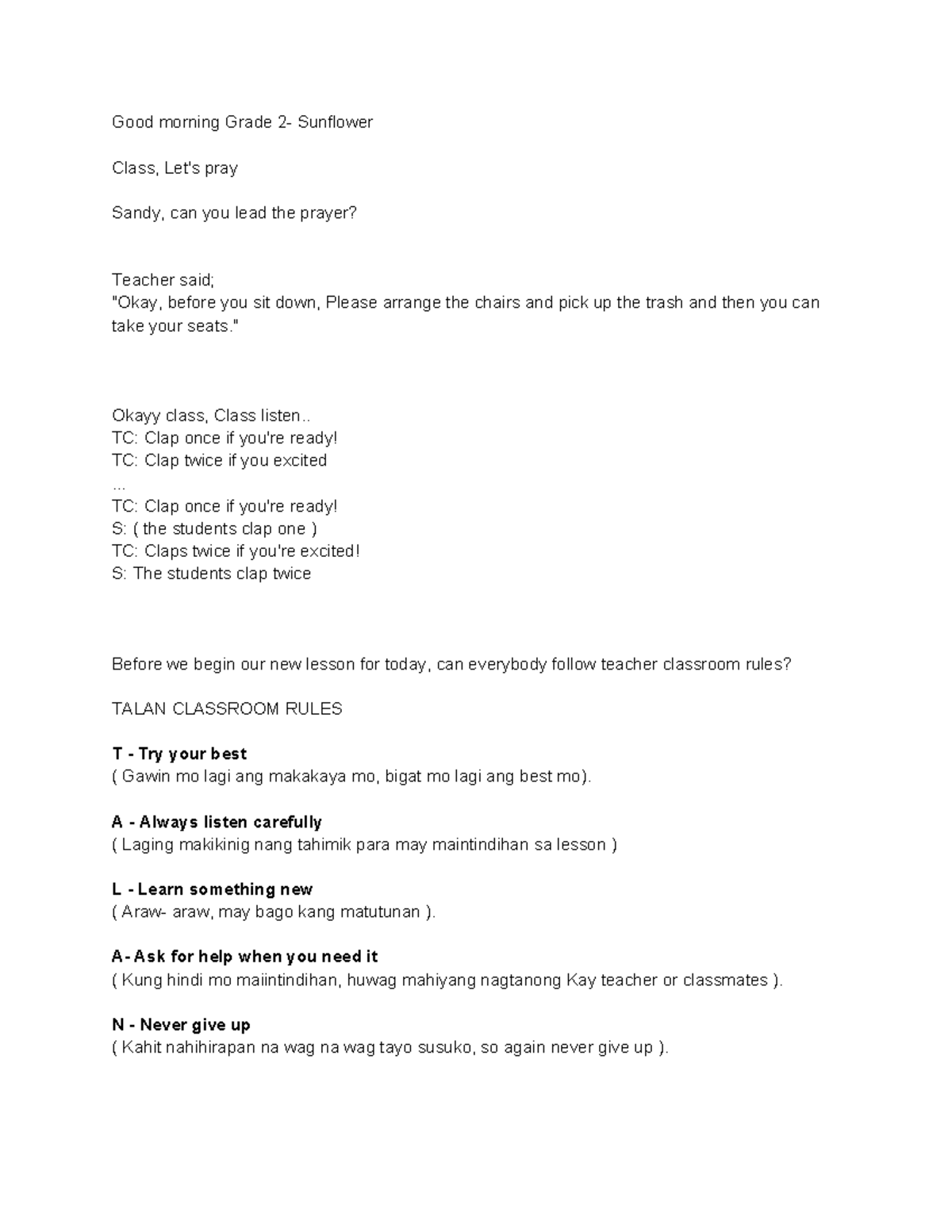 Teaching Guide: Sunflower Class Rules & Lesson Review - Studocu