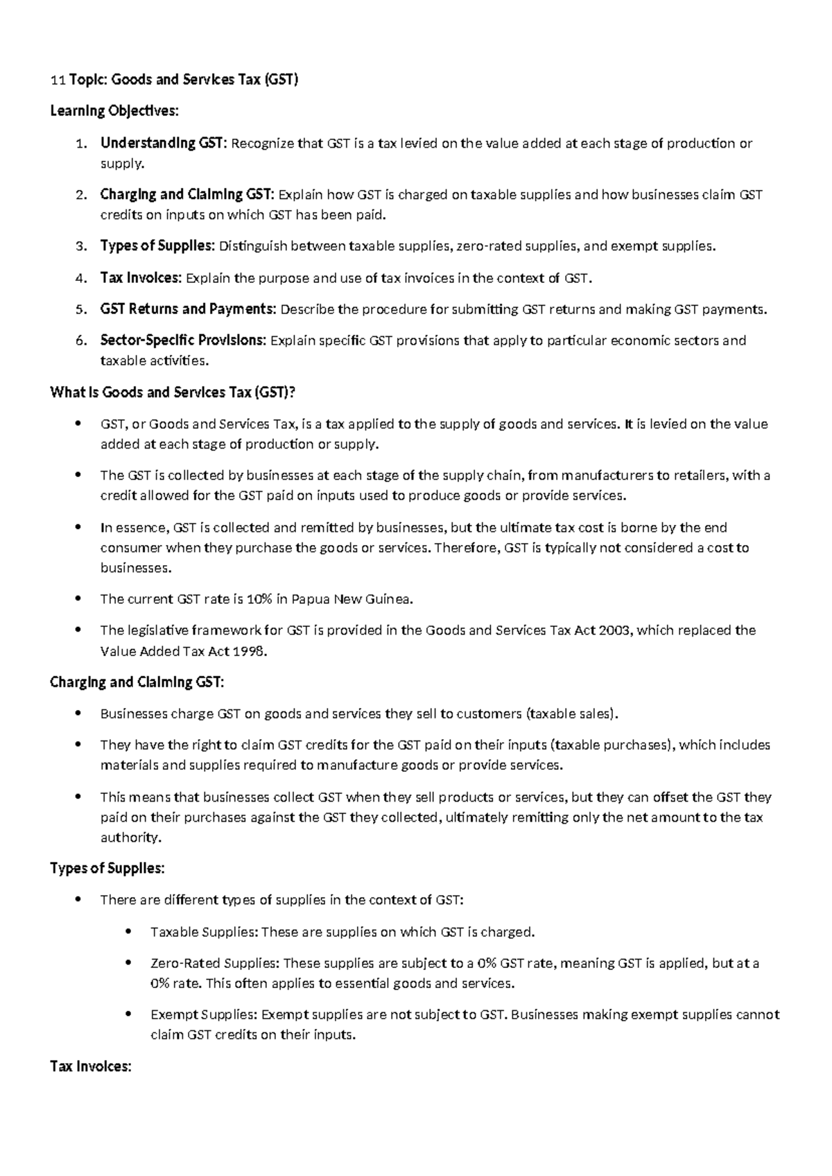 Summary of CPA PNG Textbook: Goods and Services Tax (GST) Overview ...