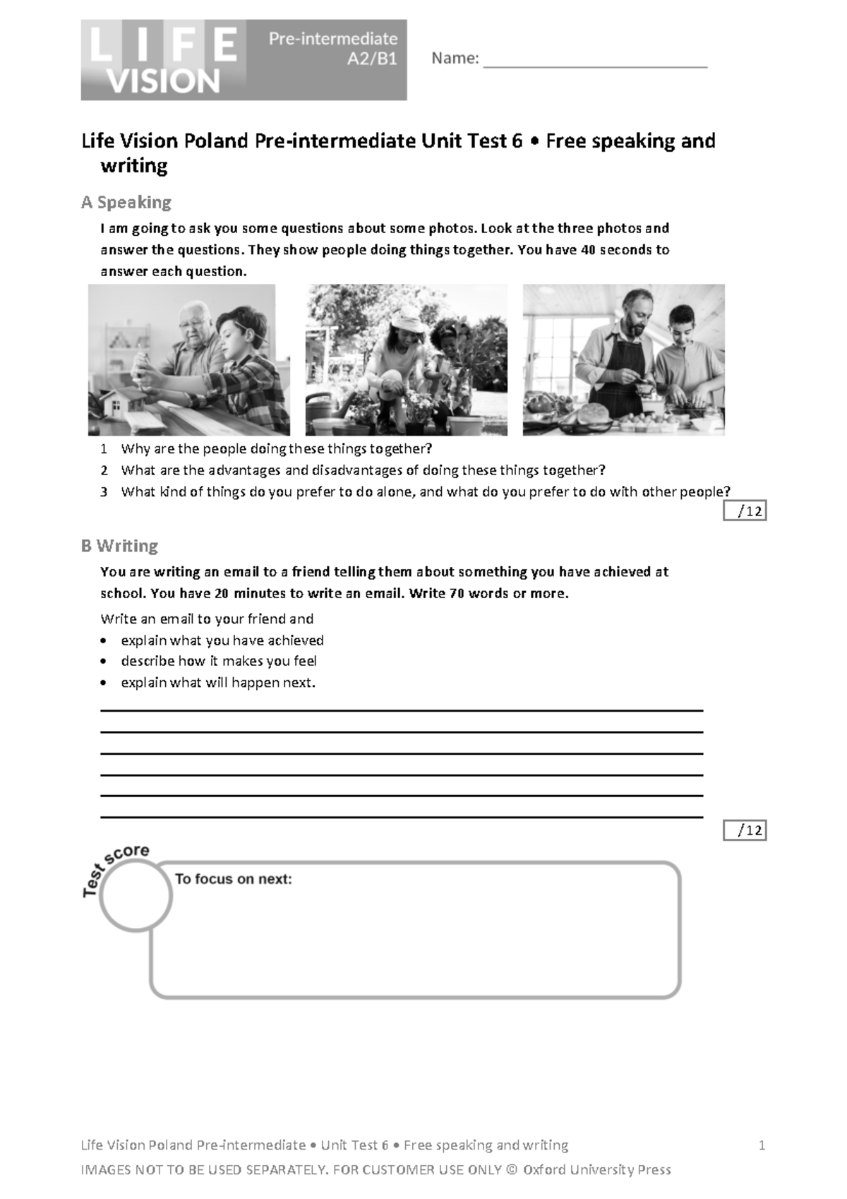 Life Vision Poland Pre-int Unit Test 6: Speaking & Writing Activities ...