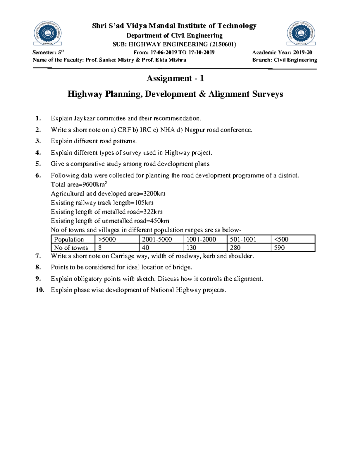 HE All Assignment - Department of Civil Engineering SUB: HIGHWAY ...