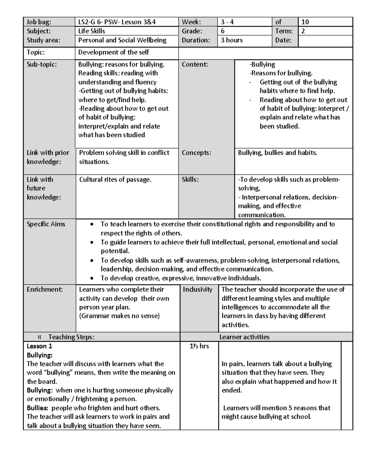 LS2-PSW-G6: Lessons on Bullying and Life Skills Development - Studocu