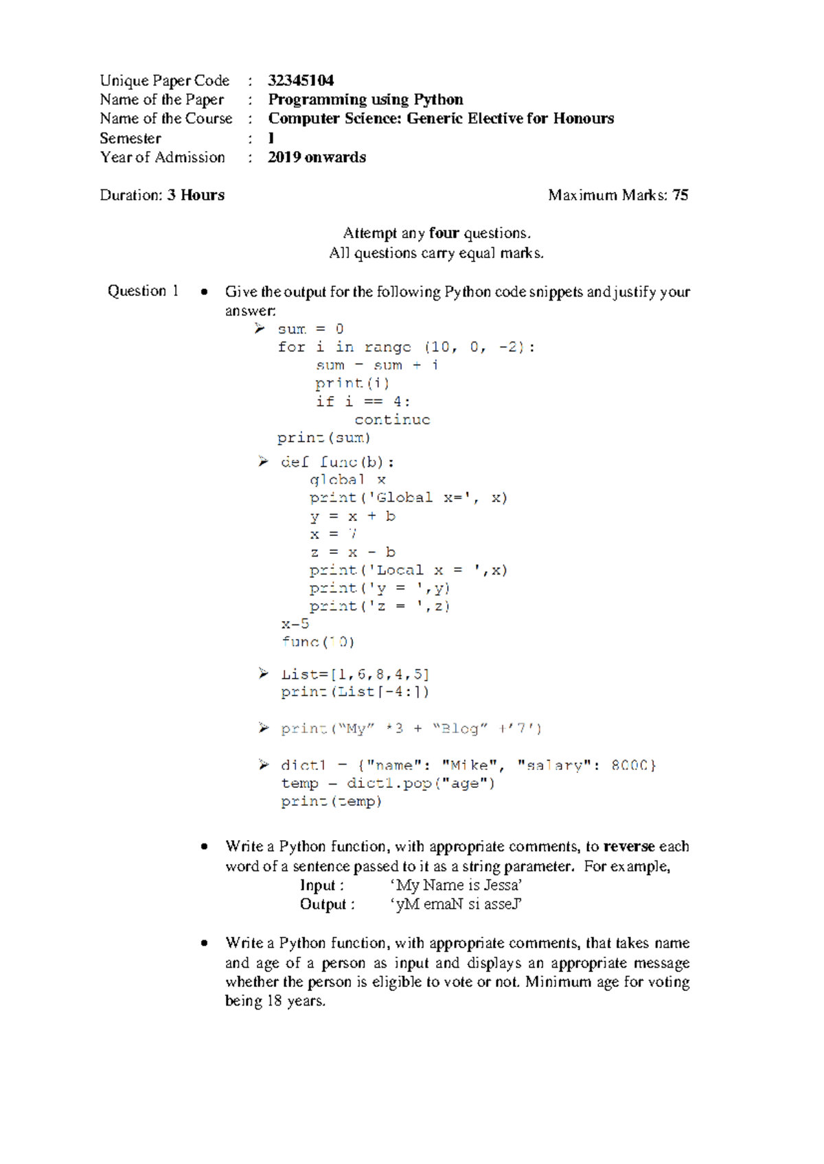 GE - Programming Using Python: Exam Questions & Solutions - Studocu
