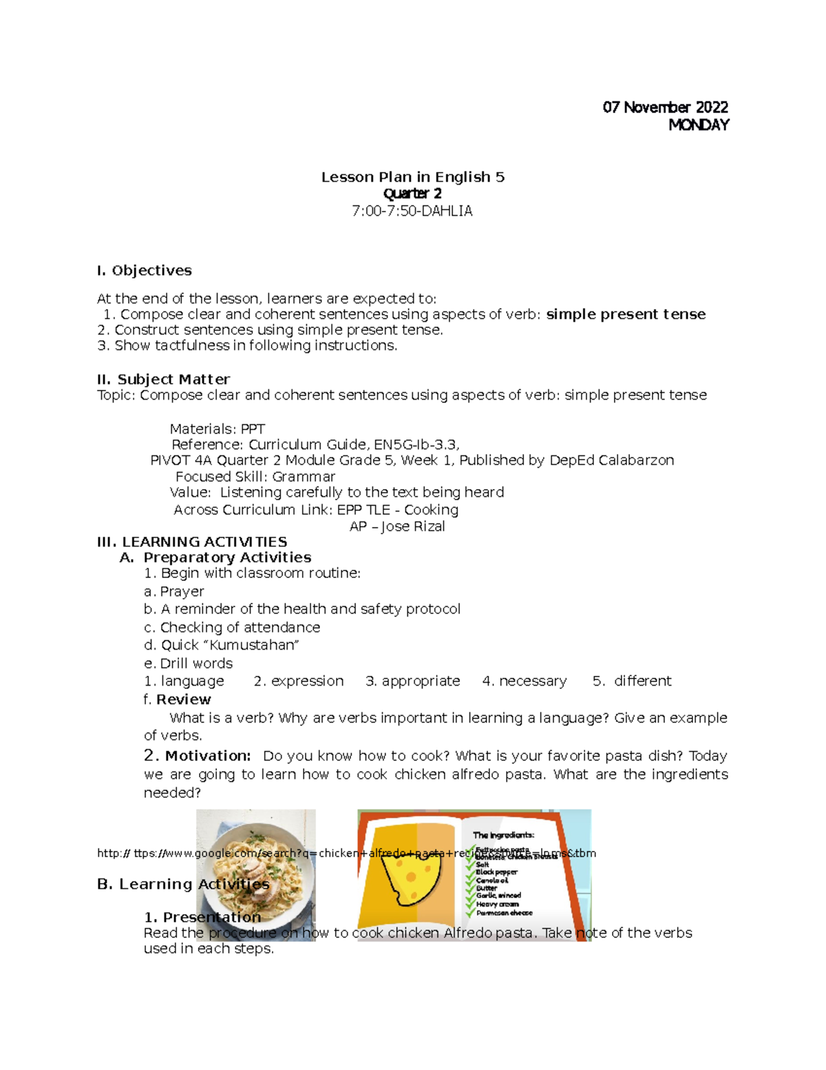 DLP-ENG5-Q2 Lsn Plan: Simple Present Tense Activities & Objectives ...