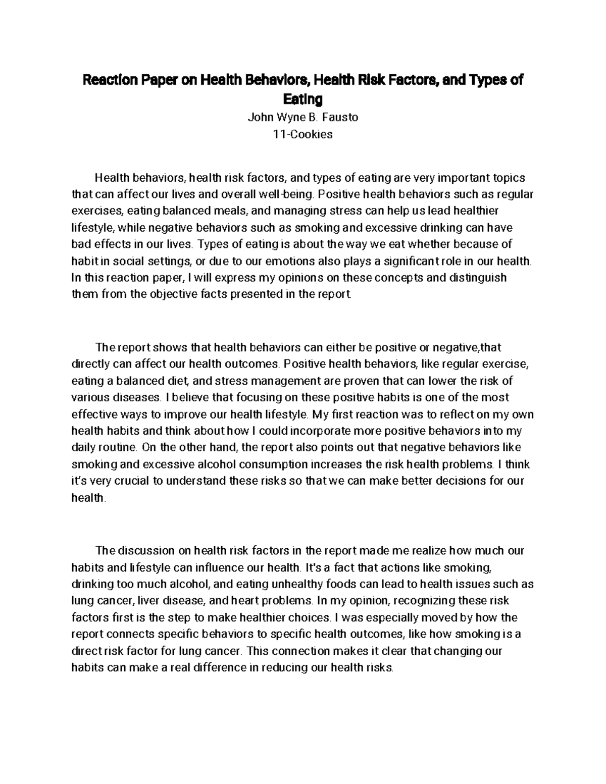 Reaction Paper on Health Behaviors & Risks - WPS 11-Cookies - Studocu