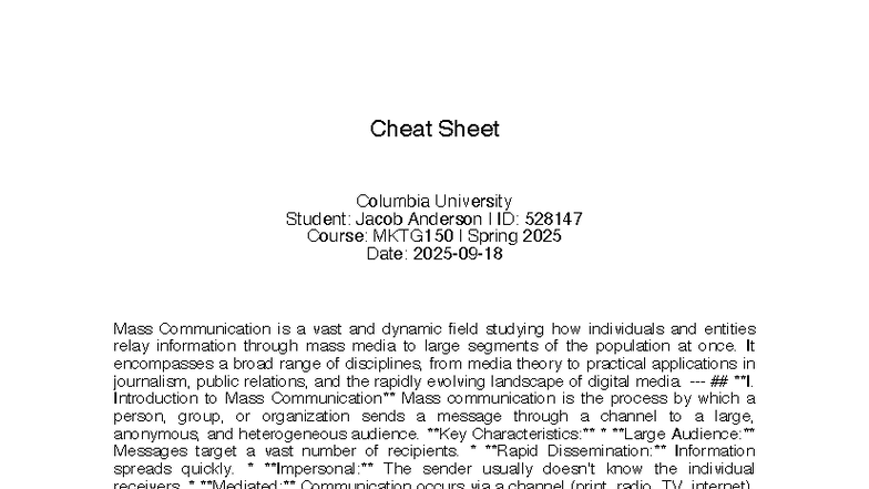 MKTG150 Spring 2025: Mass Communication Cheat Sheet - Studocu