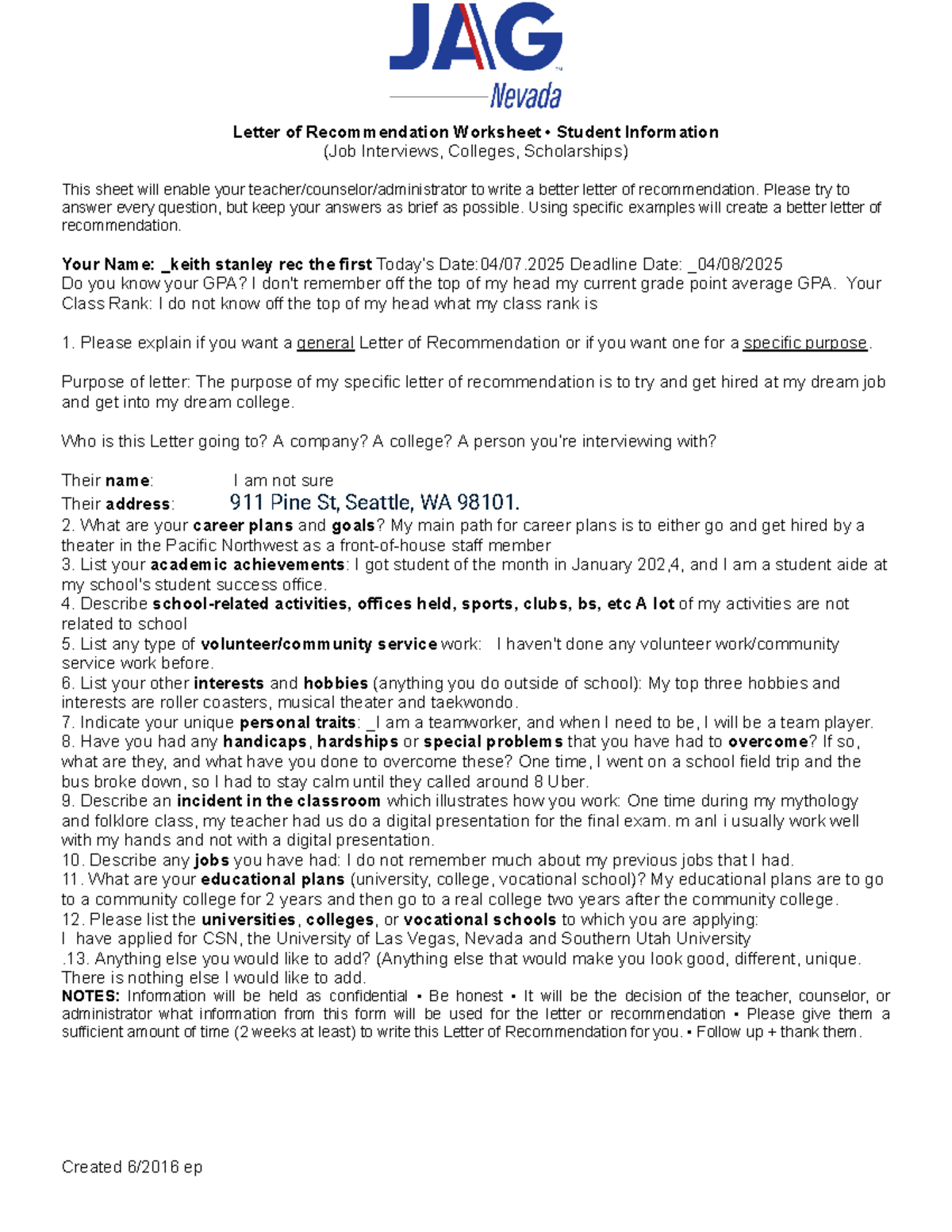 Letter of Recommendation Worksheet (1) - Please try to answer every question, but keep your ...
