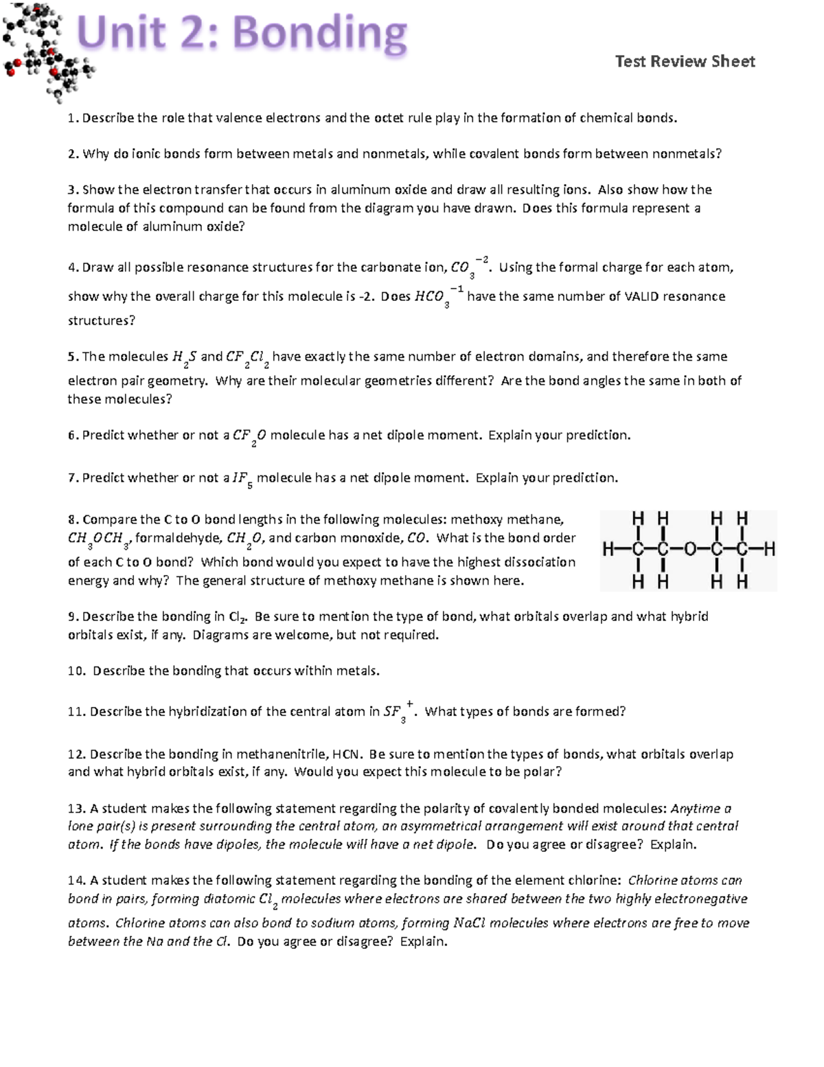 AP Chem 15: Test Review on Chemical Bonds & Molecular Geometry - Studocu