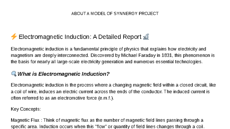 Electromagnetic Induction Model: Detailed Project Report - Studocu