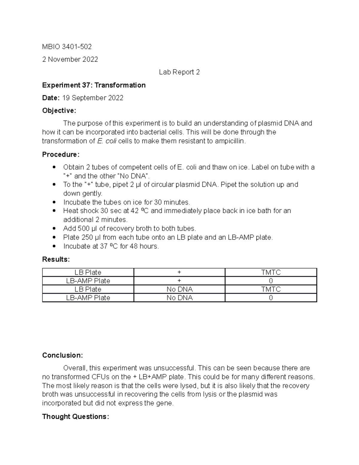 Microbiology Lab Report 2 - MBIO 3401- 2 November 2022 Lab Report 2 ...