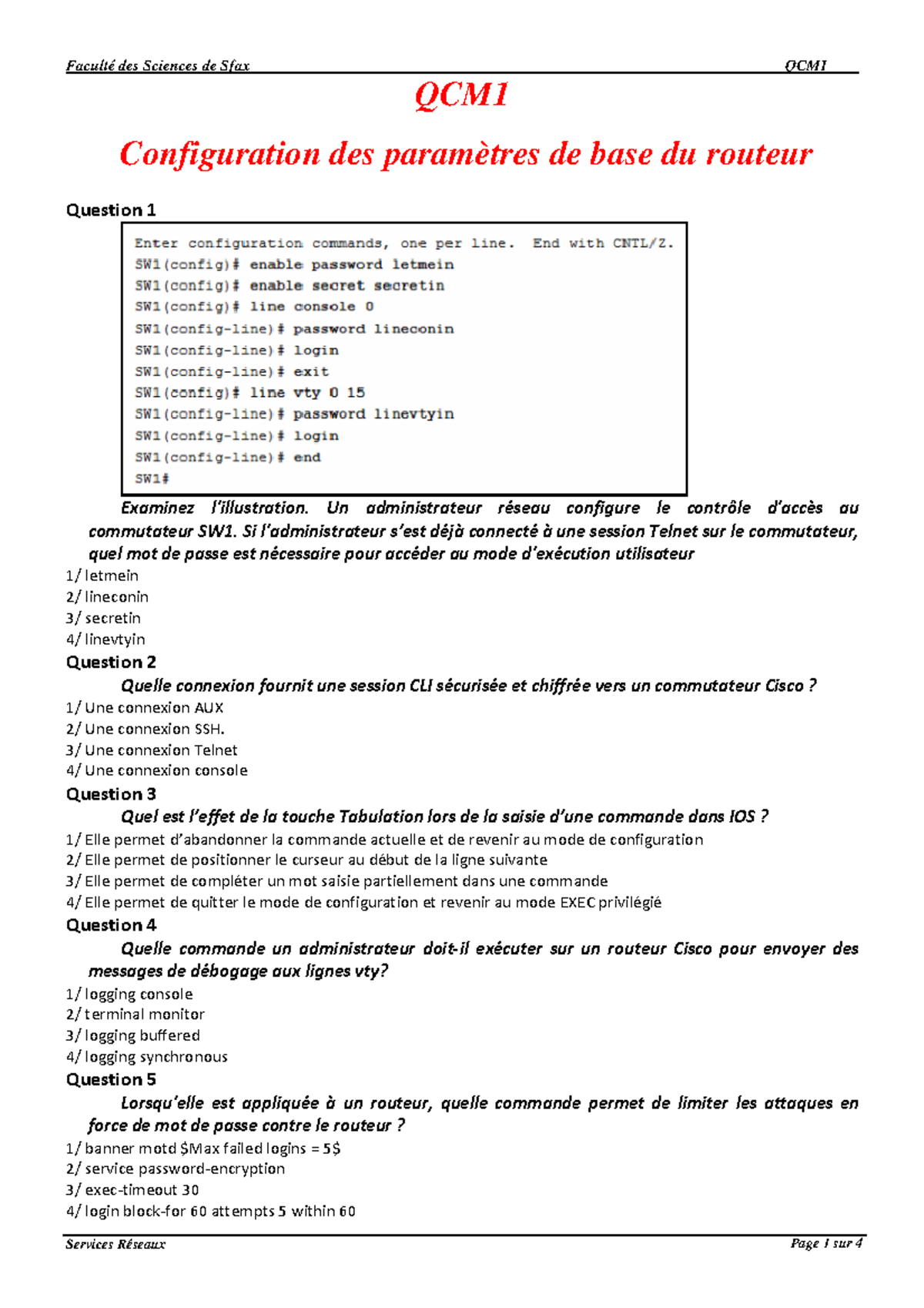 QCM 1 Configuration de base dâun Routeur 1 - Faculté des Sciences de ...
