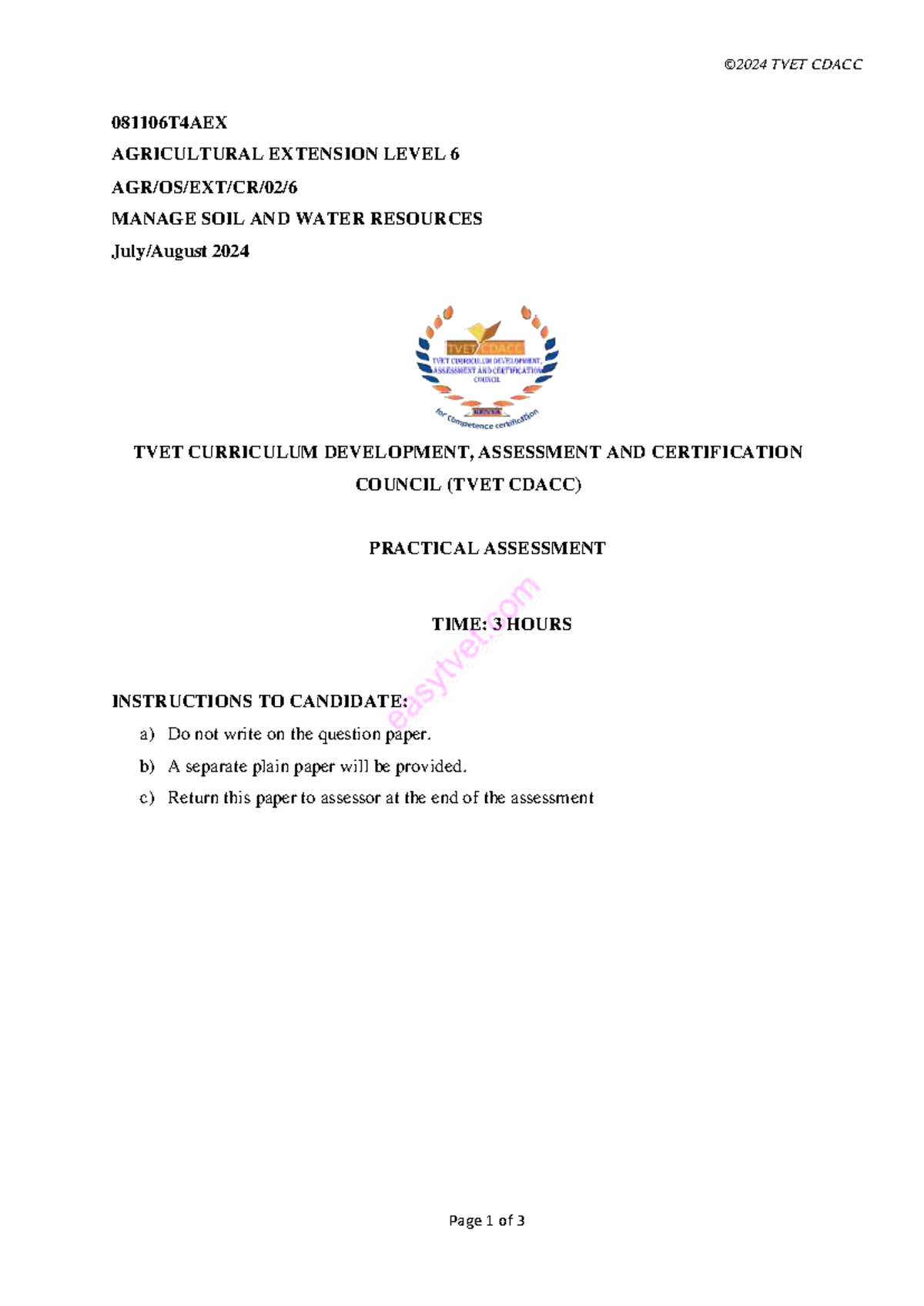 TVET CDACC 081106T4AEX Level 6 Practical Assessment: Soil & Water ...