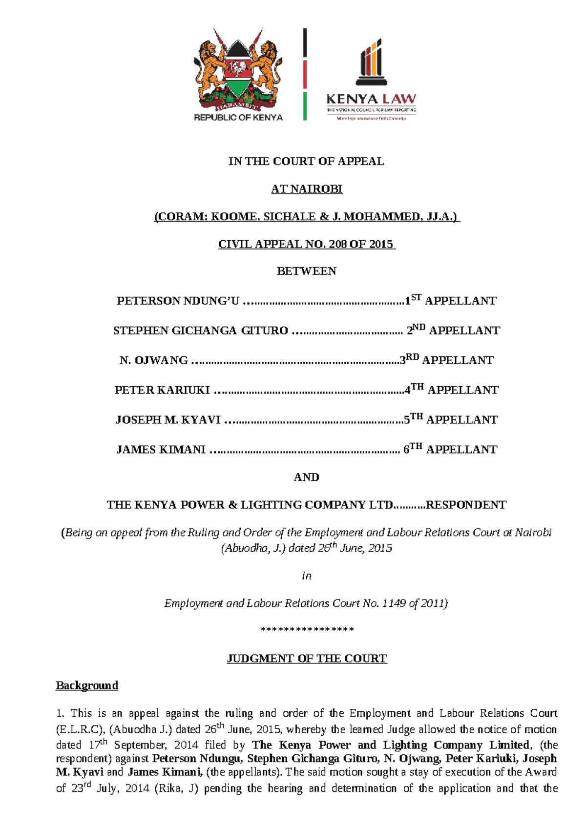 Civil Appeal No. 208 of 2015: Peterson Ndungu & Others vs. Kenya Power ...