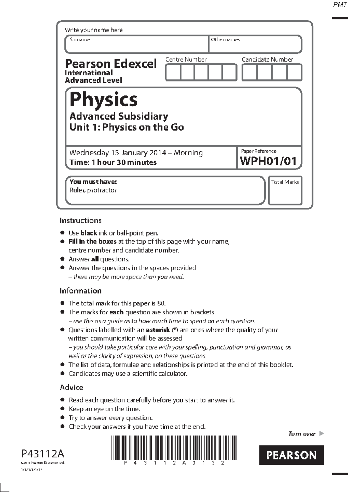 January 2014 IAL Physics Unit 1 Exam Paper - Edexcel - Studocu