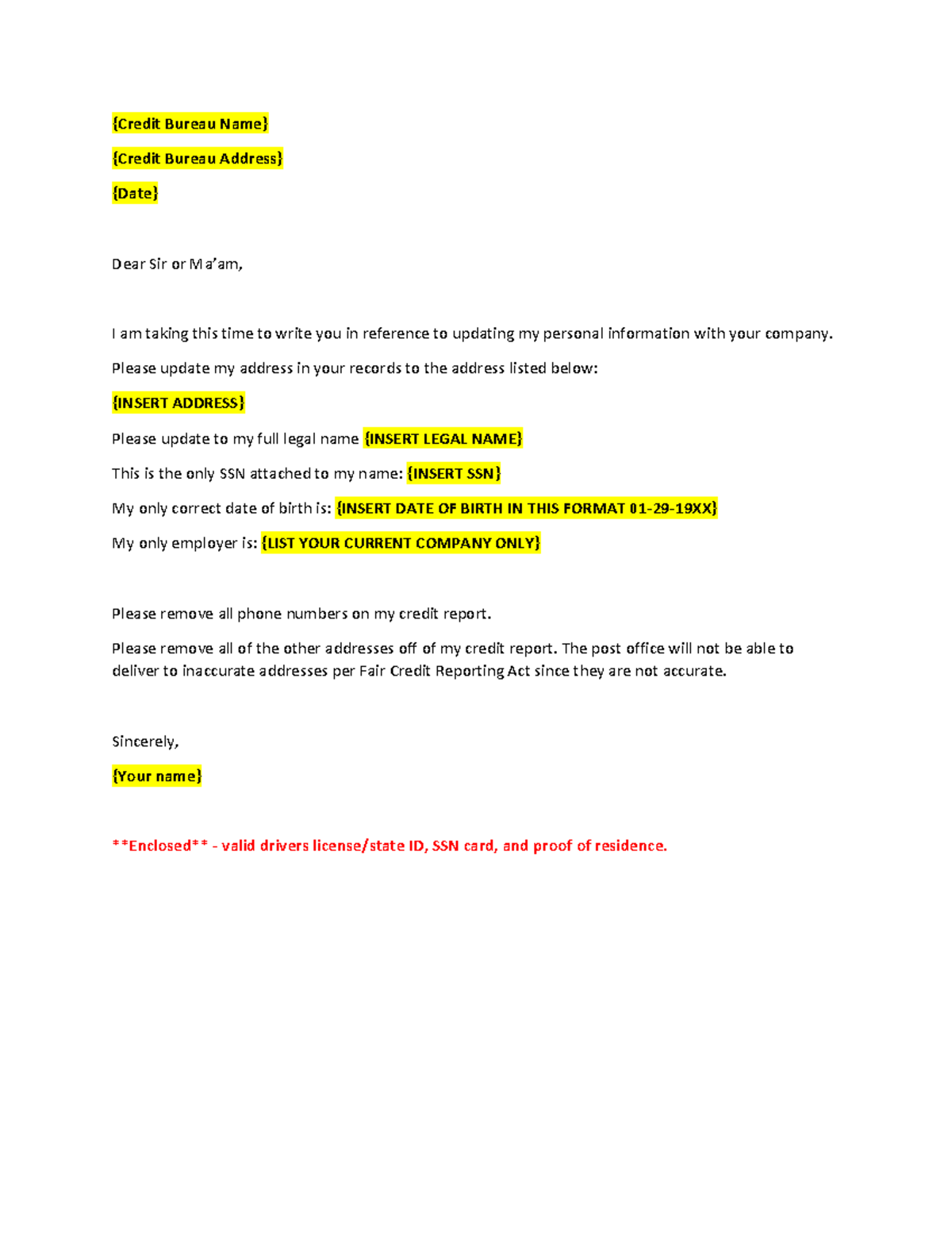 Change of Address Letter and Personal Information Letter - {Credit ...