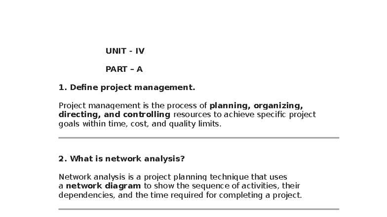 Management Science Unit 4: Project Management Techniques and Analysis - Studocu