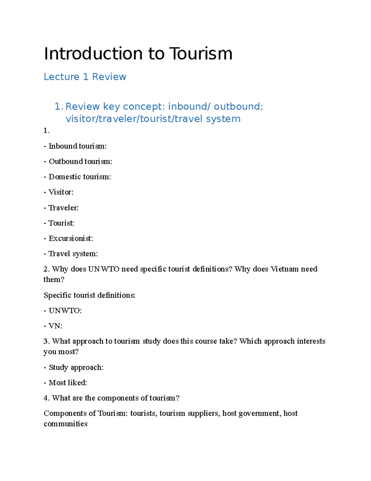 Introduction to Tourism - Introduction to Tourism Lecture 1 Review 1 ...