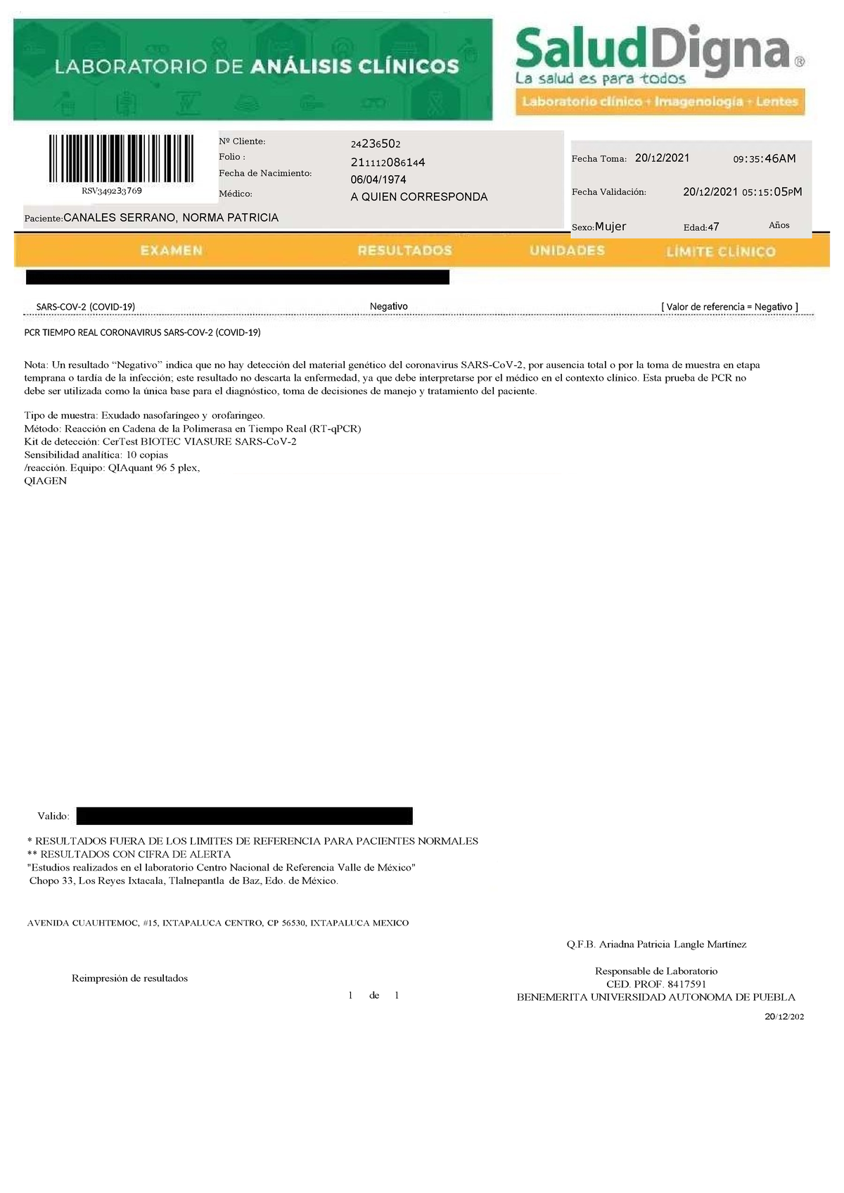 Prueba PCR COVID-19 Resultado Negativo - Nota 8 - Studocu