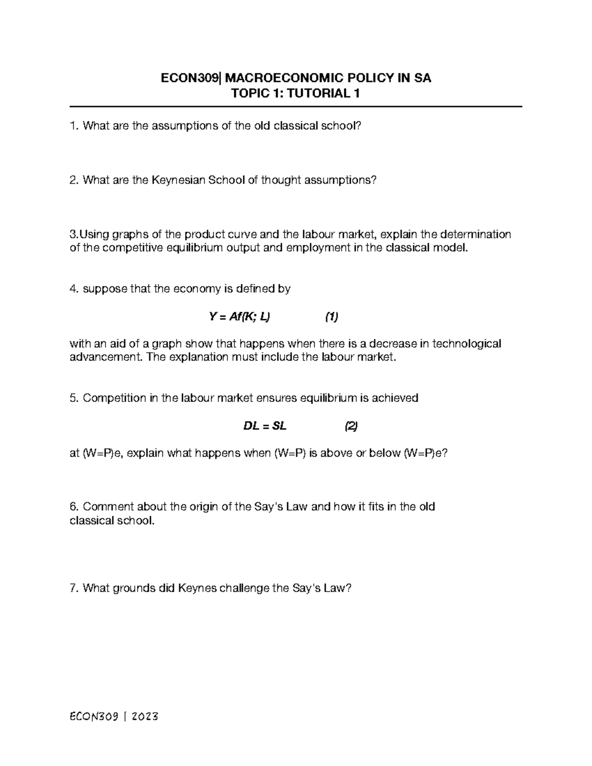 ECON309 TUT 1 - ECON 309 TUTORIAL 1 - ECON309| MACROECONOMIC POLICY IN ...