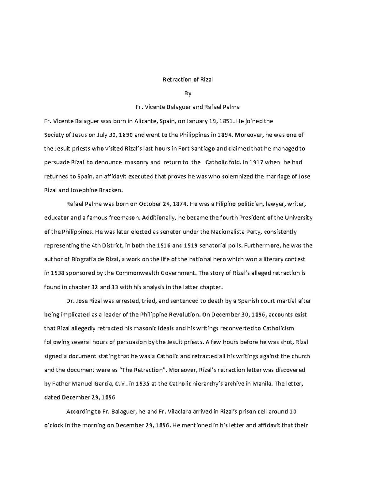 RPH-Retraction of Rizal: Analysis by Balaguer and Palma - Studocu