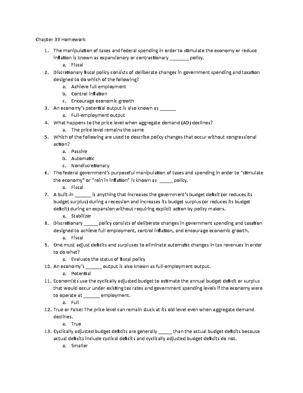 Chapter 33 Homework on Fiscal Policy and Public Debt Concepts - Studocu