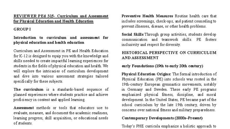 REVIEWER PEd 315: Curriculum & Assessment in PE & Health Education ...