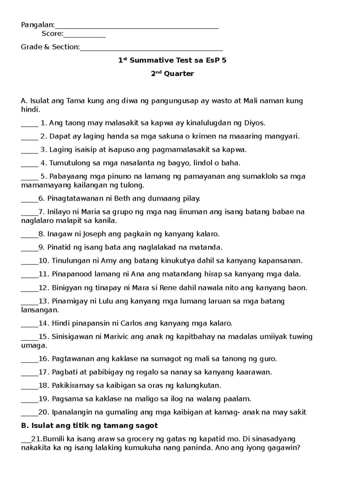 Grade 1 1st Summative Test sa EsP 5 at English 2nd Quarter - Studocu