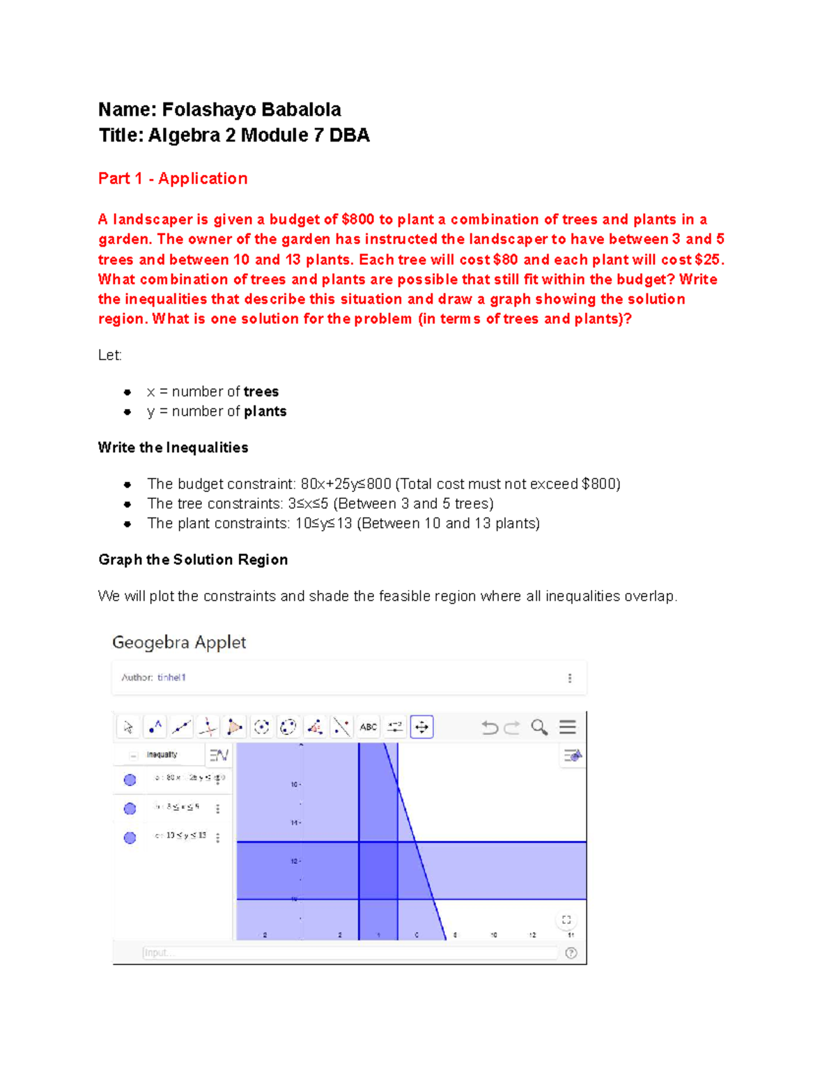 Algebra 2 (M7 DBA): Trees, Plants, and Optimization Problems Explained ...