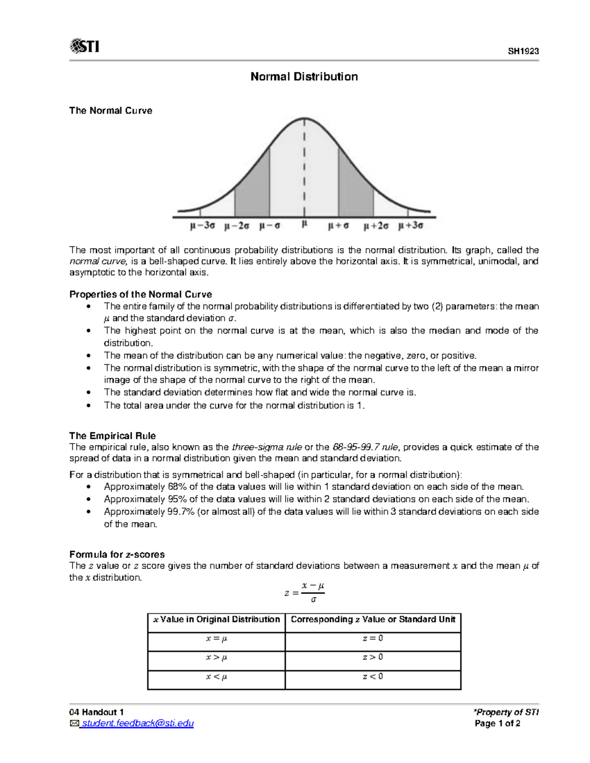 SH1923 - Stats & Prob 04 Handout 1: Normal Distribution Overview - Studocu