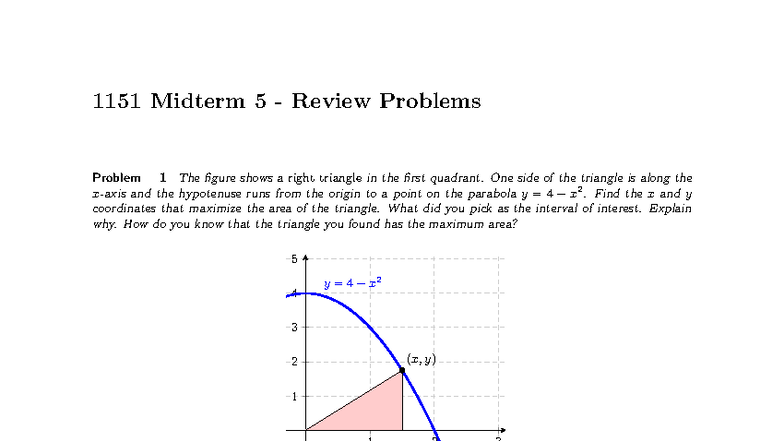 1151 Midterm 5 Optimization Problems Review Packet - Studocu